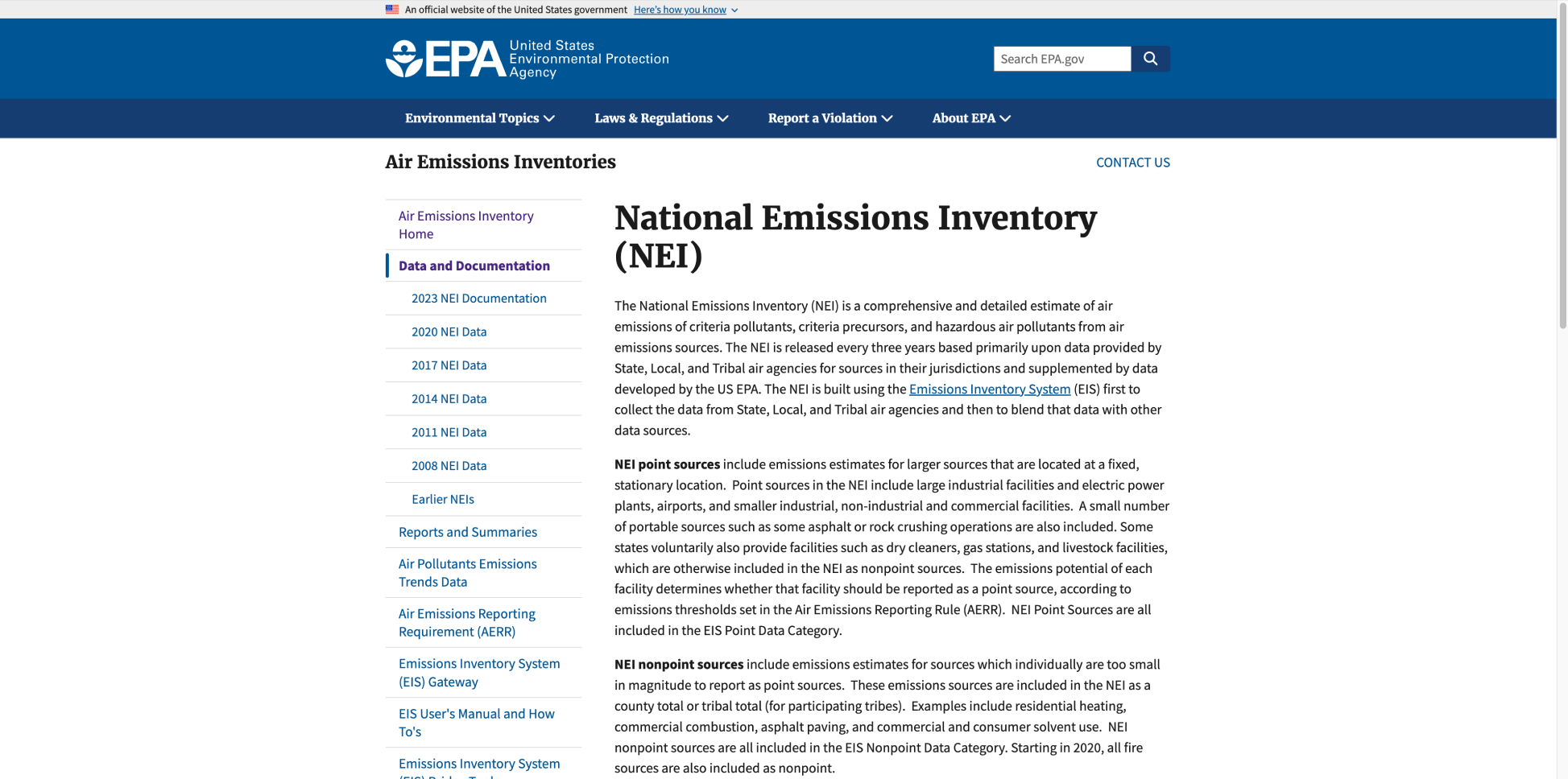 Environmental Protection Agency National Emission Inventory (NEI ...